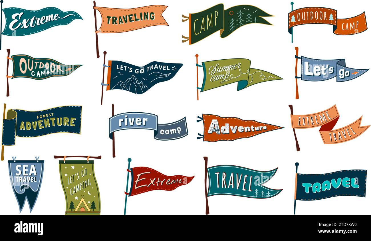 Travel pennants. Summer camp, let go travel and camping flags ...