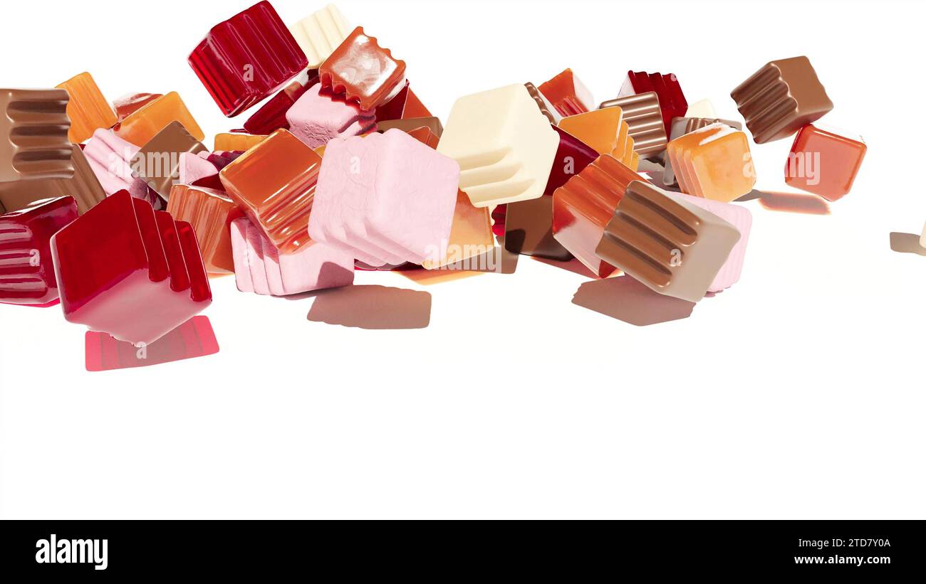 Sweet candies with jam, honey and chocolate falling on a white surface ...