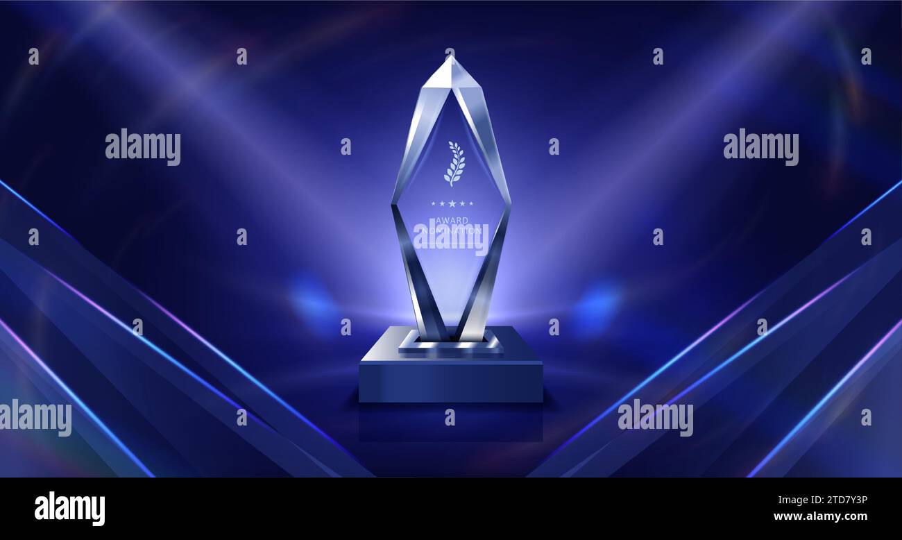 Premium victory trophy. Crystal success nomination, transparent glass ...