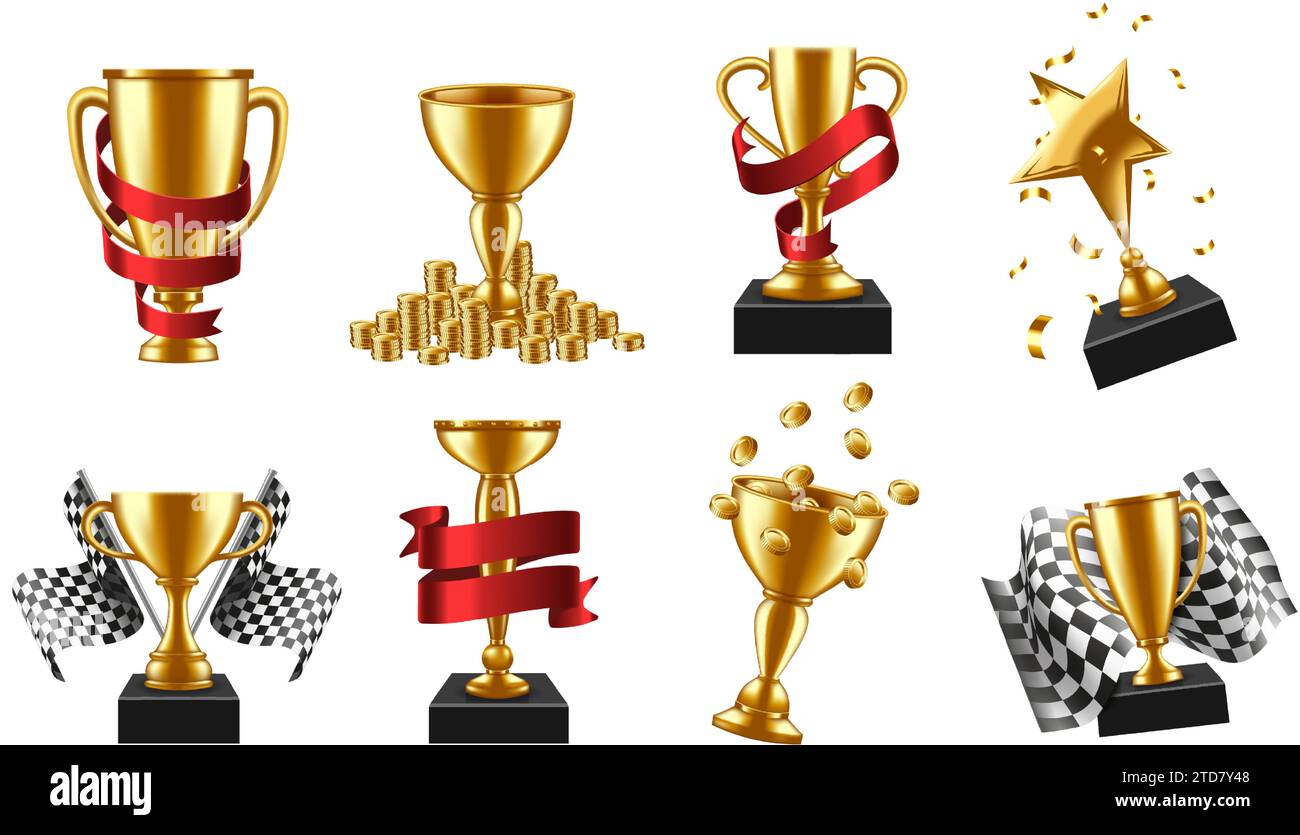 Golden cup awards. Winner trophy with red ribbon, gold coins and ...