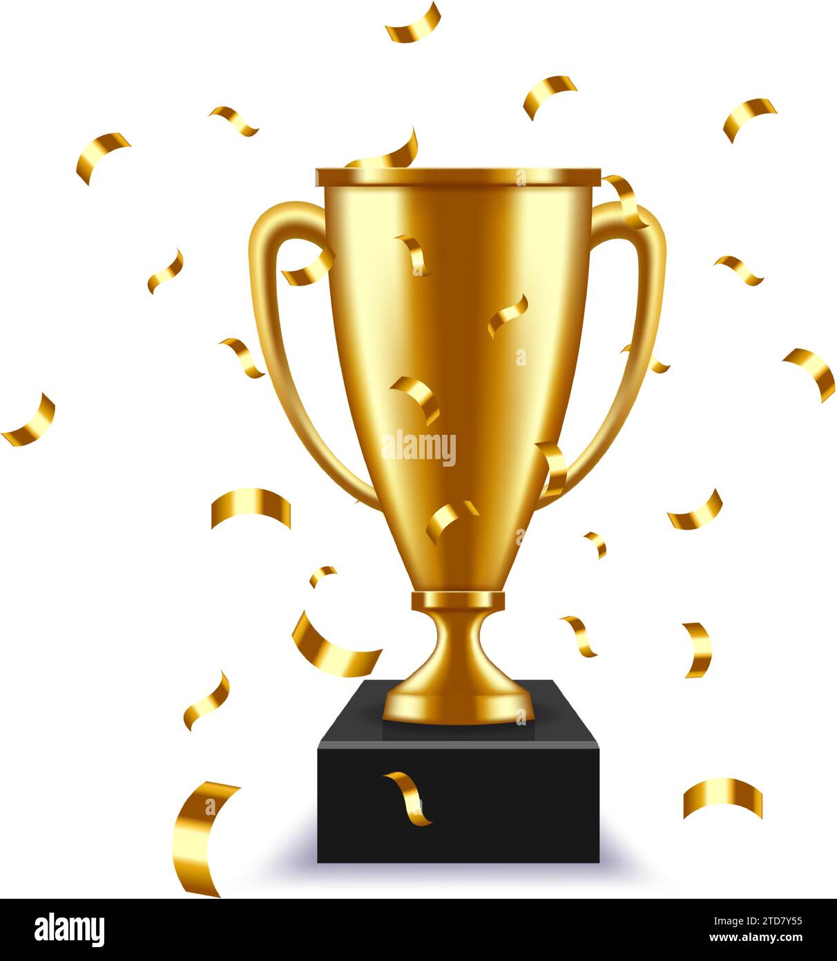 Golden cup. Tournament award, gold trophy with falling confetti ...