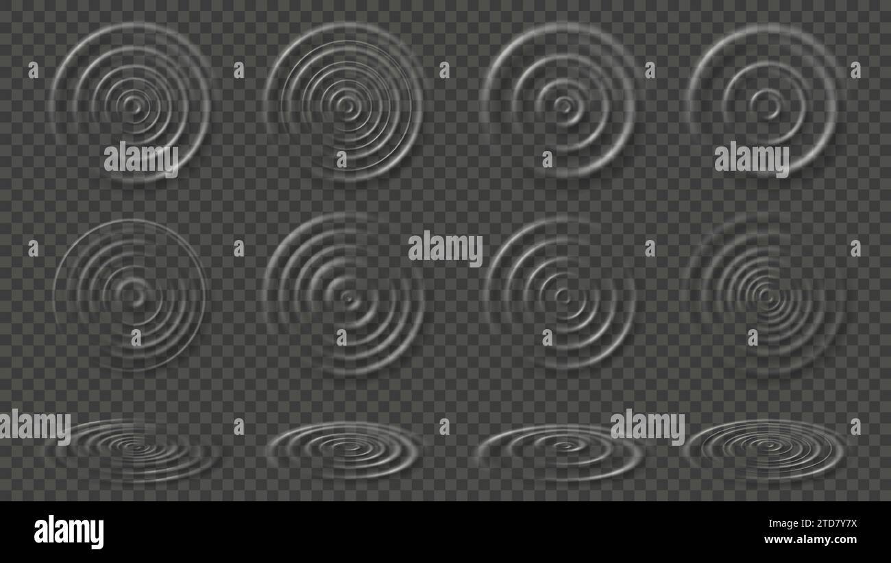 Water ripples. Transparent ripple waves, raindrop circles overlays isolated effect vector ...