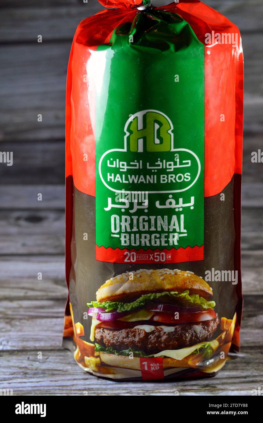 Cairo, Egypt, December 15 2023: Halwani Bros beef burger Haalwani ...