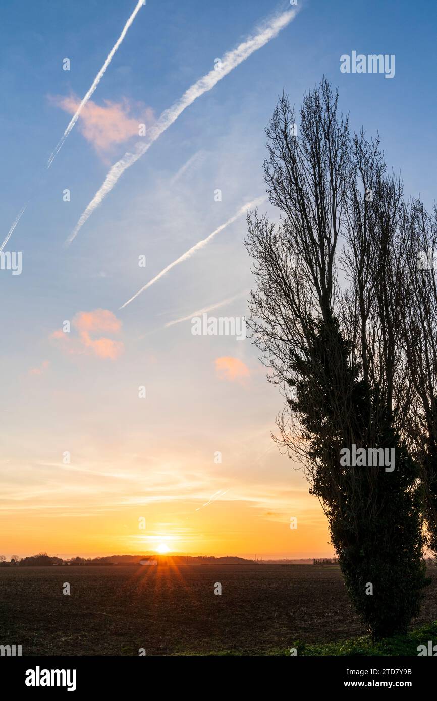 Sunrise over a field at farmland at Broomfield, Herne Bay in Kent. Sky ...