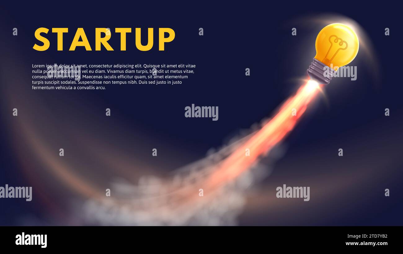 Launch idea. Run startup business, rocket boost for ideas and light bulb fly high vector ...