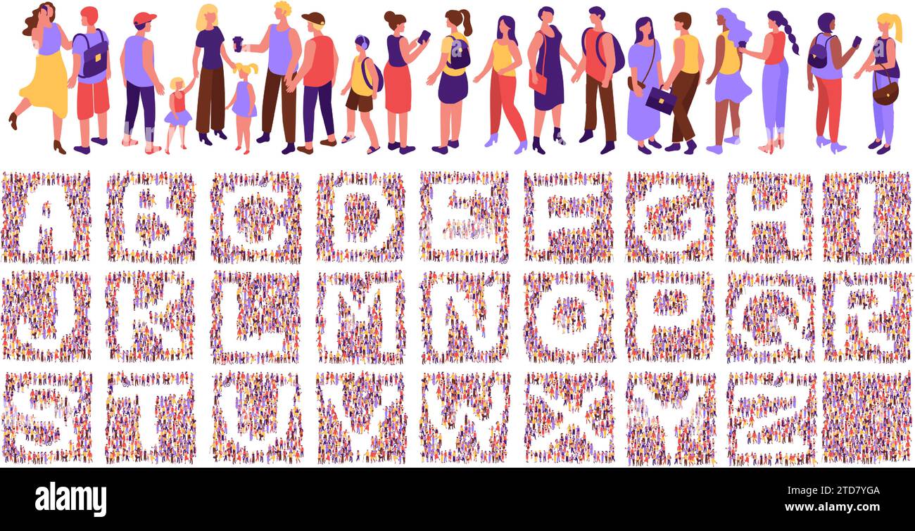 Crowd font. Social typography with isometric top view citizens ...