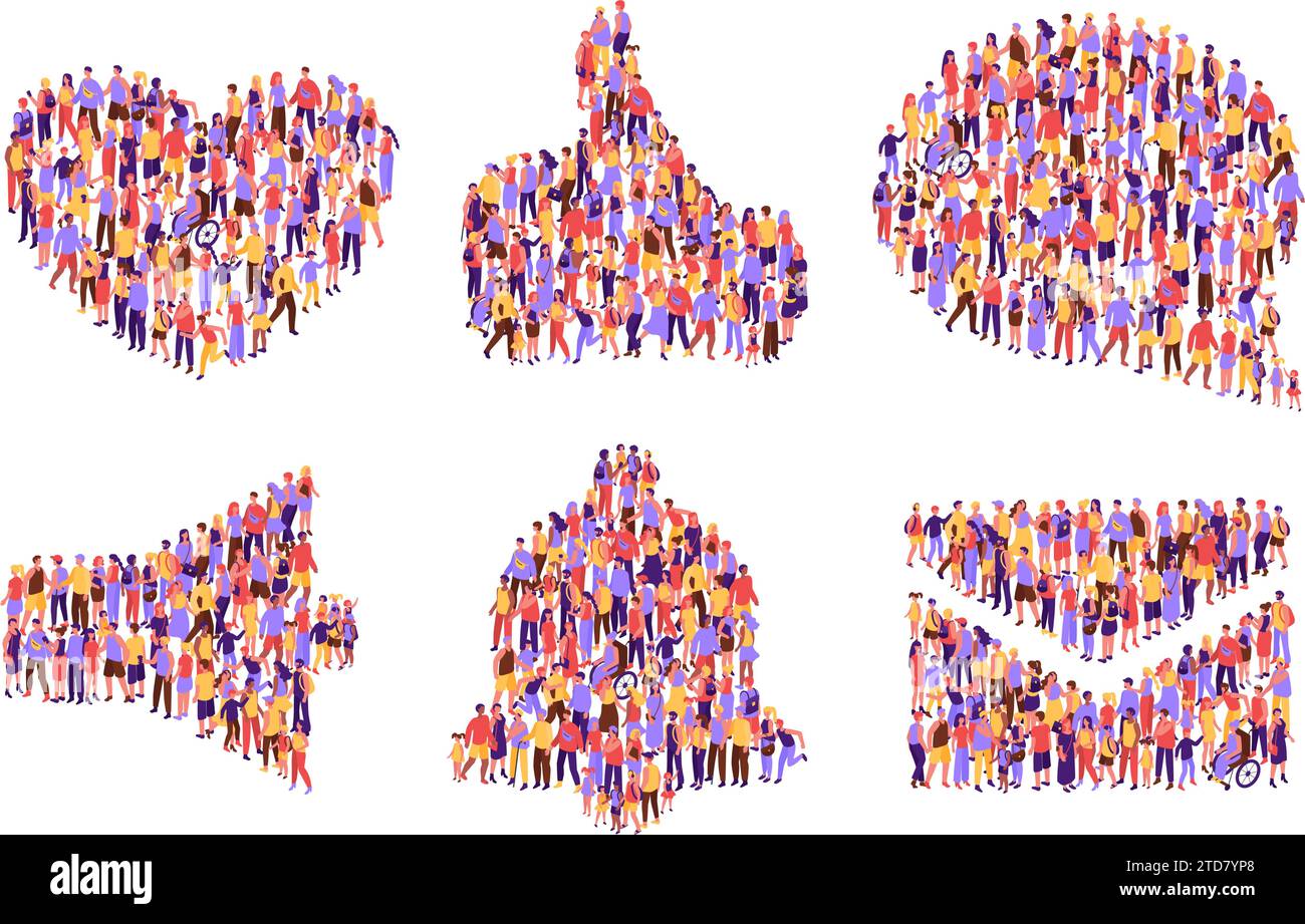 Top view isometric crowd icons. Heart shape, thumb up like, social ...