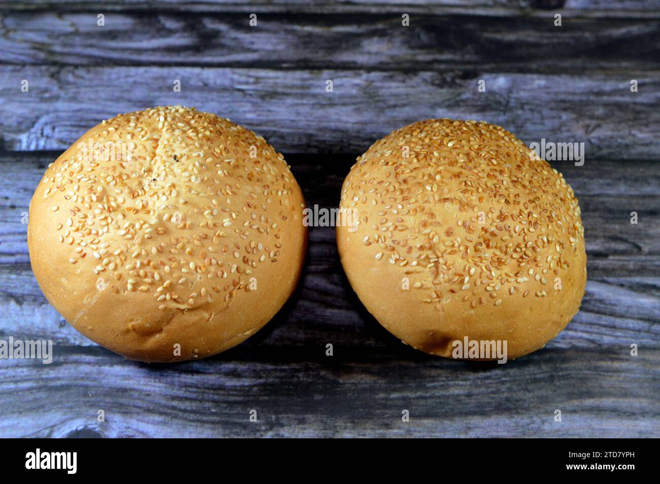 Round hand sized hamburger burger bun baked and covered with sesame ...