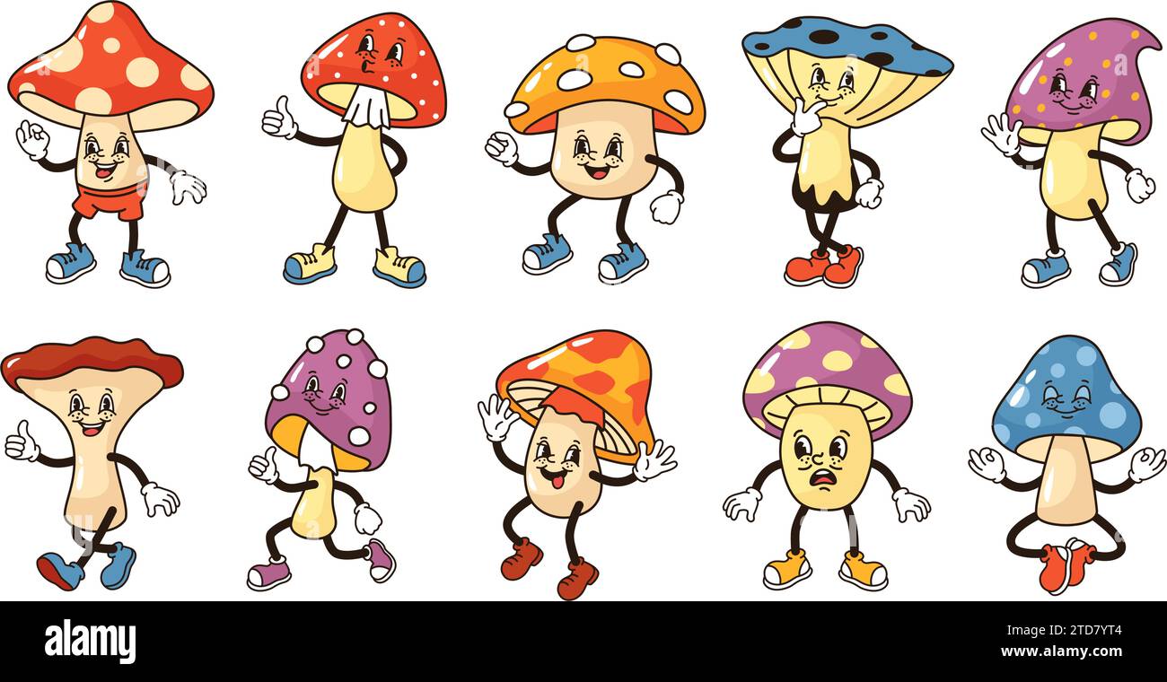 Cartoon mushroom characters. Groove fungi mascots, funny mushrooms with ...