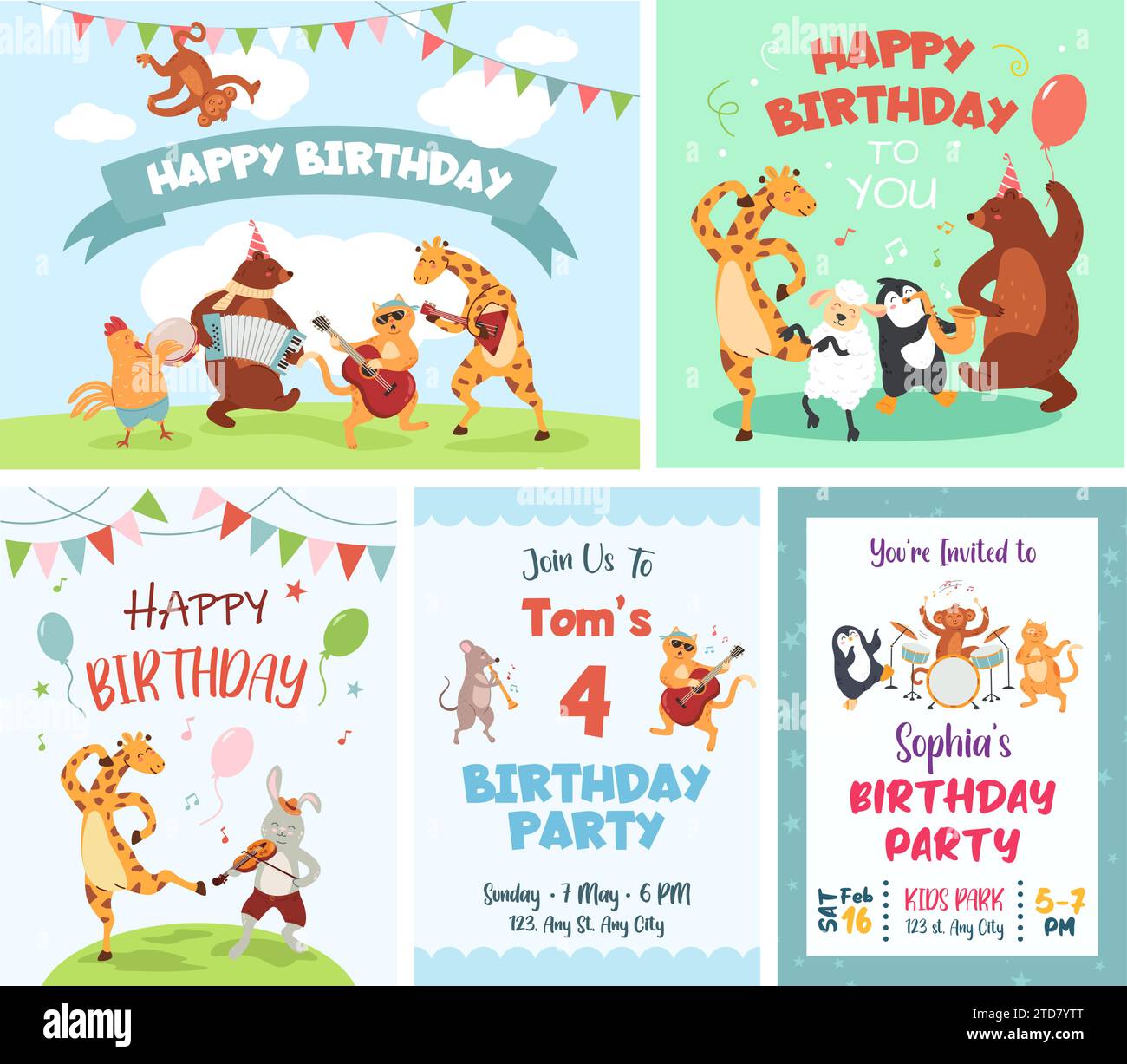 Greeting card with cartoon animals. Cute animal musicians play happy ...