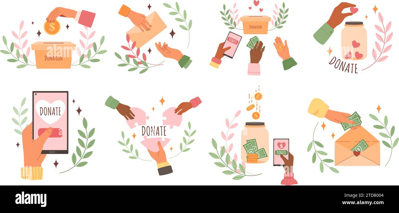 Send donation. Hands contributing money by online transactions, cash in ...