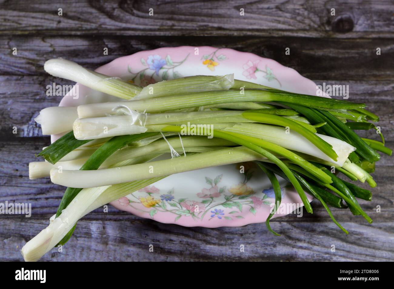 Scallions, green spring onions, vegetables derived from various species ...