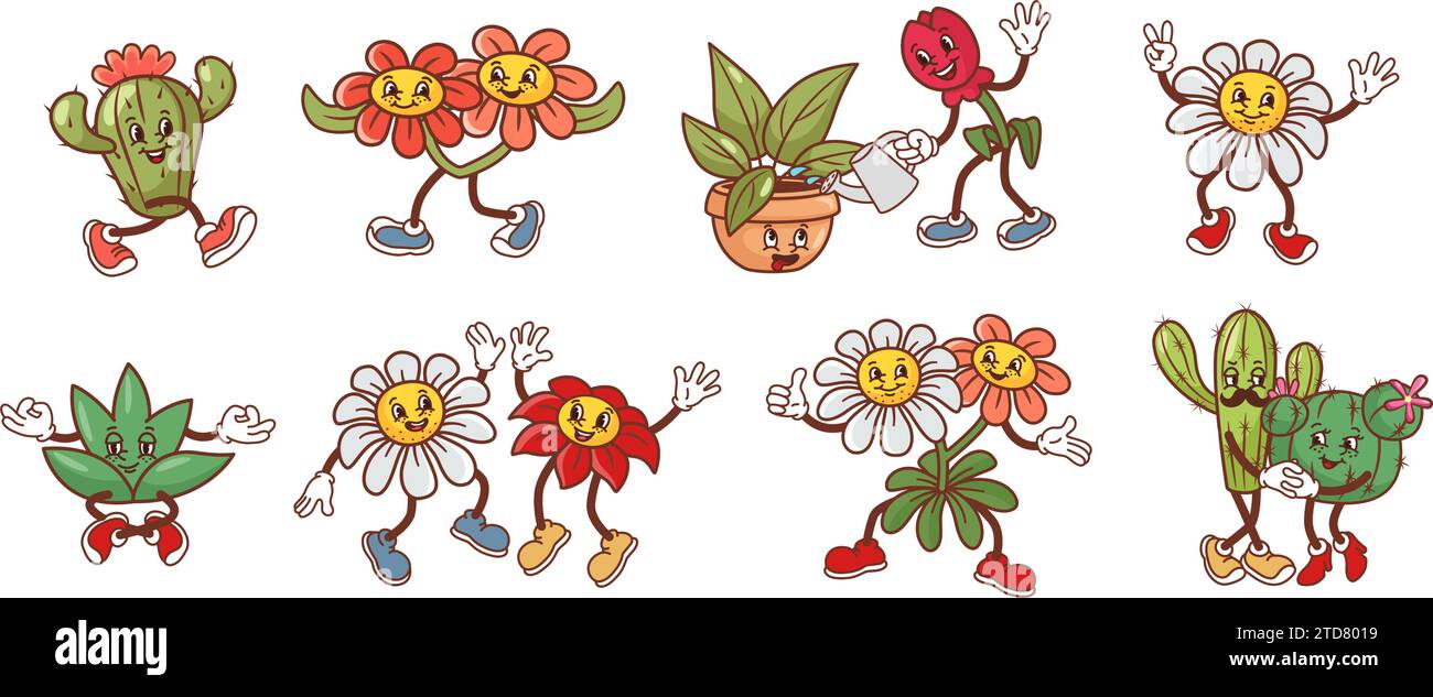 Cartoon blooming flower mascot. Cheerful plant characters with playful ...
