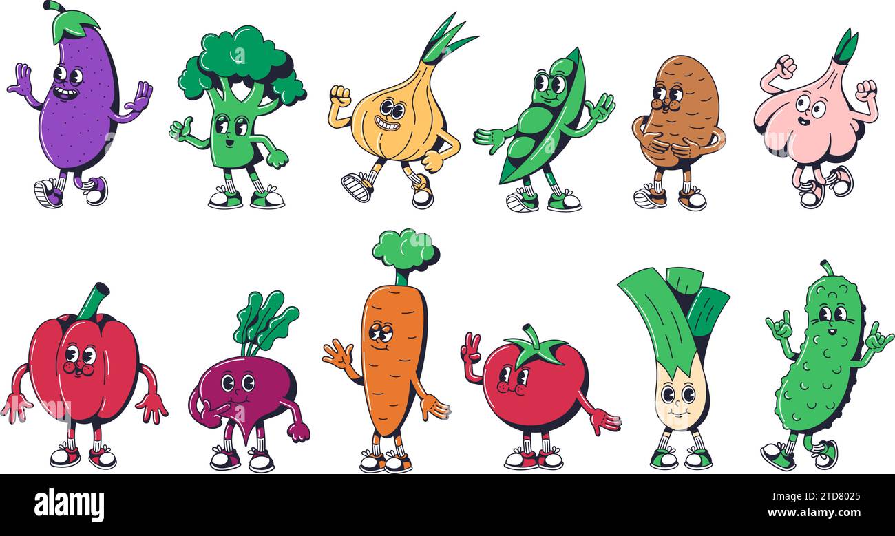 Cartoon vegetables characters. Walking eggplant, onion and cucumber ...
