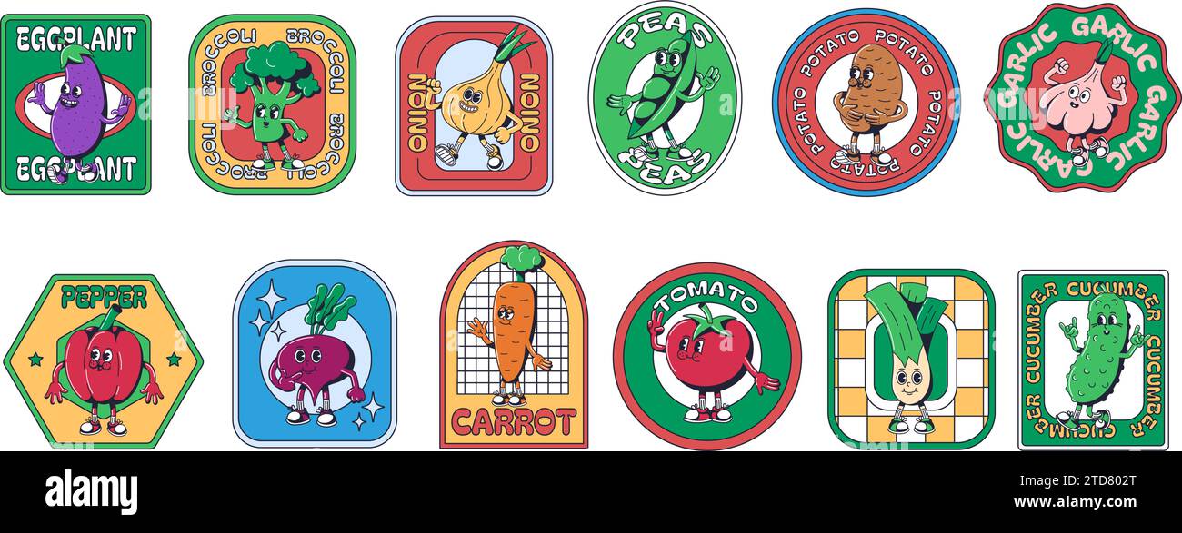Cartoon vegetables stickers. Veggie emblems templates with retro 1930s ...