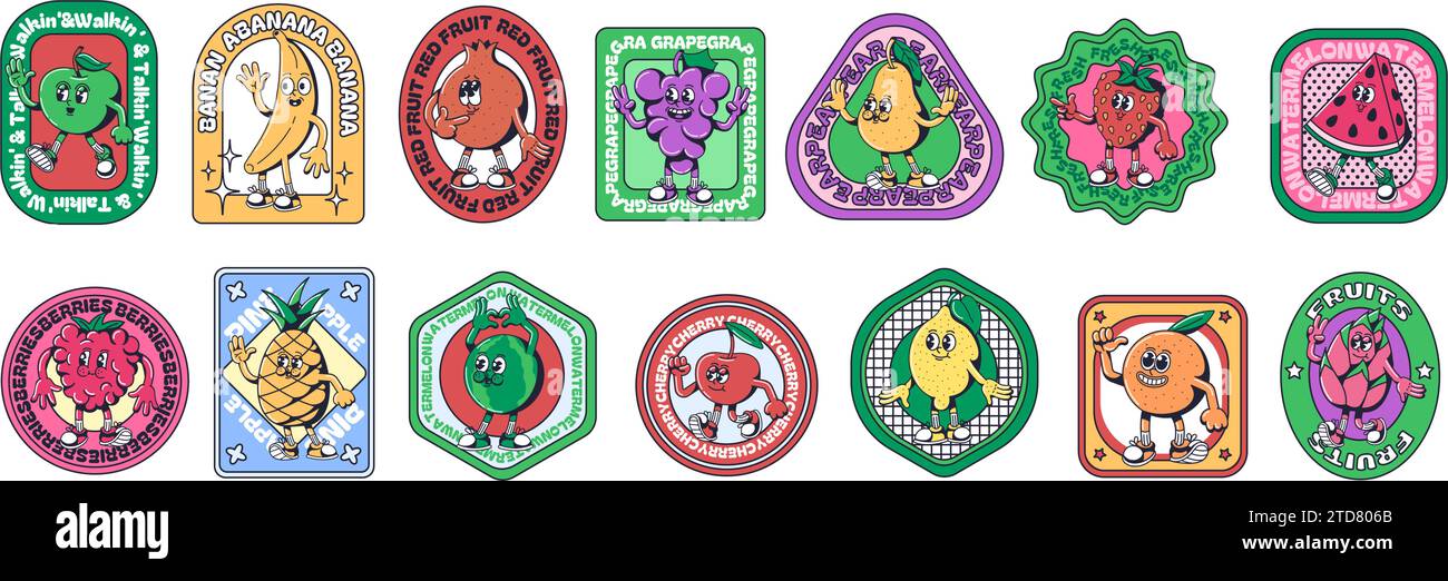 Cartoon fruit stickers. Grocery label template with 1930s fruit mascot ...