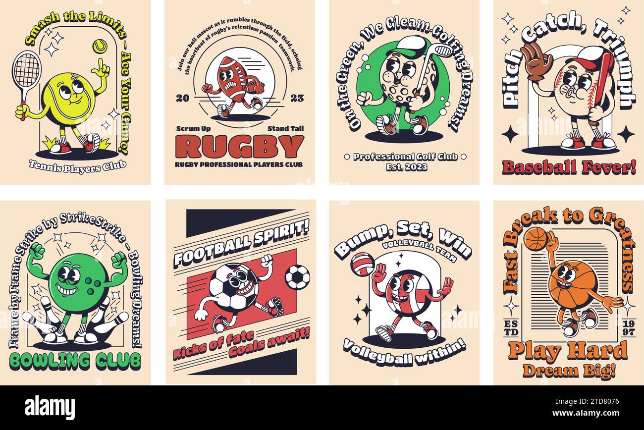 Cartoon sport posters. Retro playing ball card sticker with 1930s ...