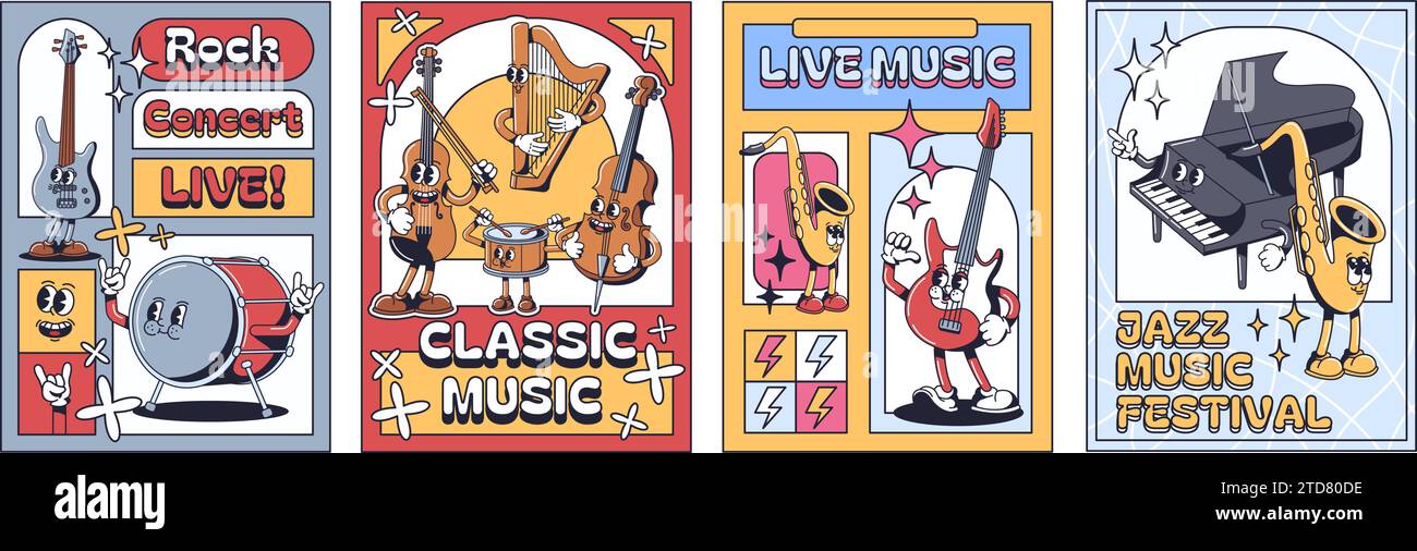 Cartoon concert posters. Live rock music show, classic and jazz ...