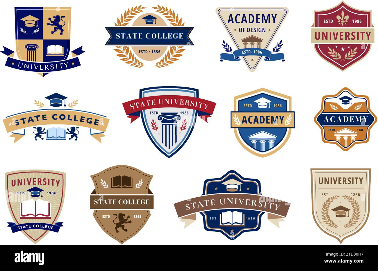 Education emblem. State college, academy and university badges with ...