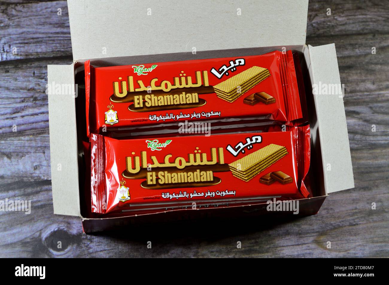 Cairo, Egypt, December 8 2023: El Shamadan Mega wafer filled with ...