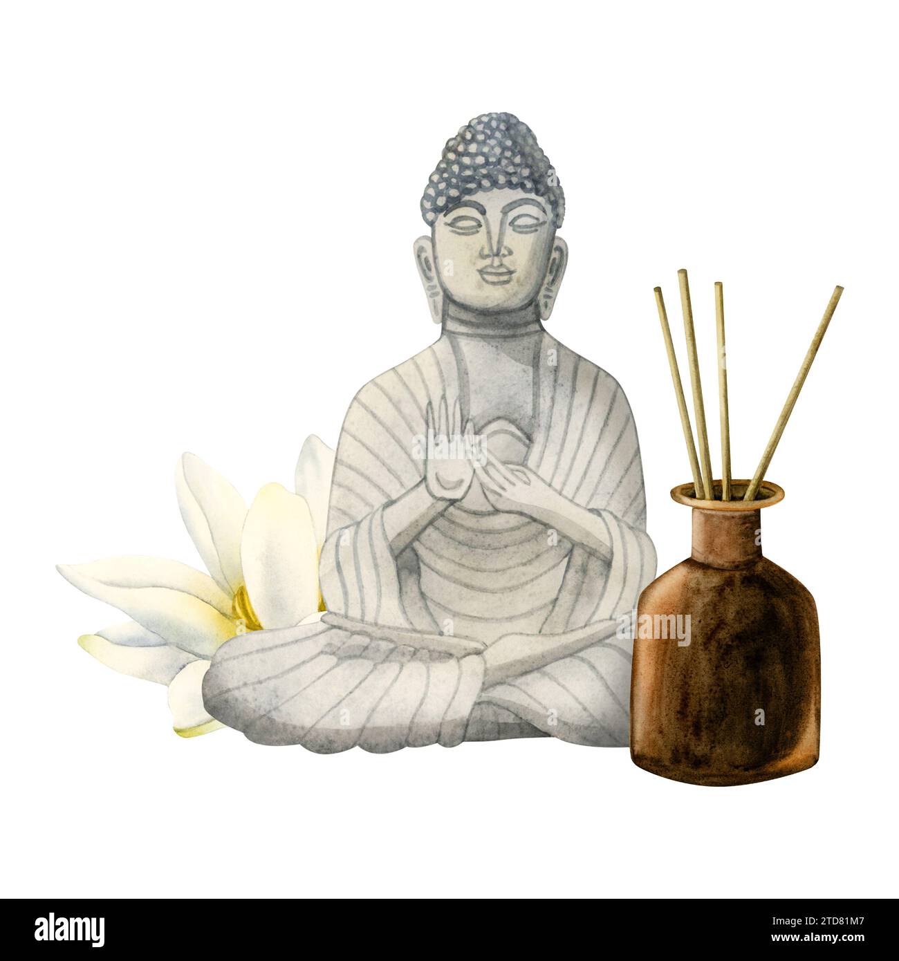Buddha statue, aroma sticks in diffuser bottle and lotus flower ...