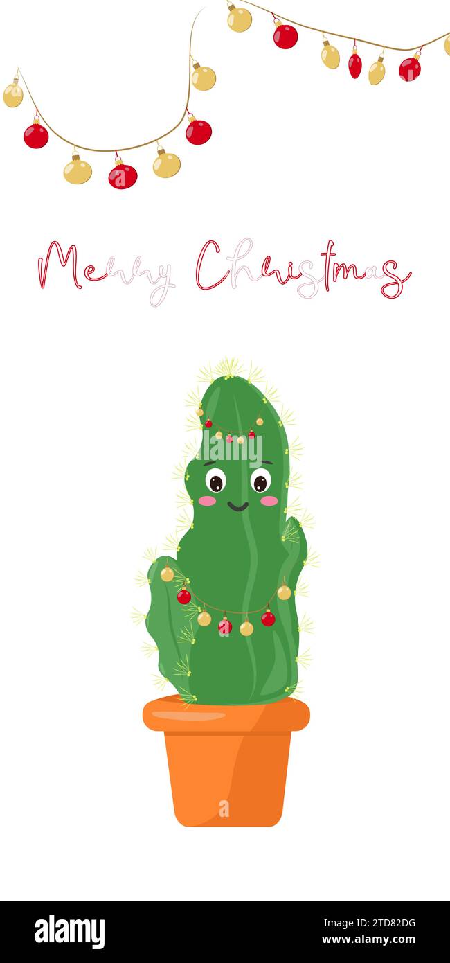 Cute funny cactus in pot with garland. Celebrating Happy Christmas and ...