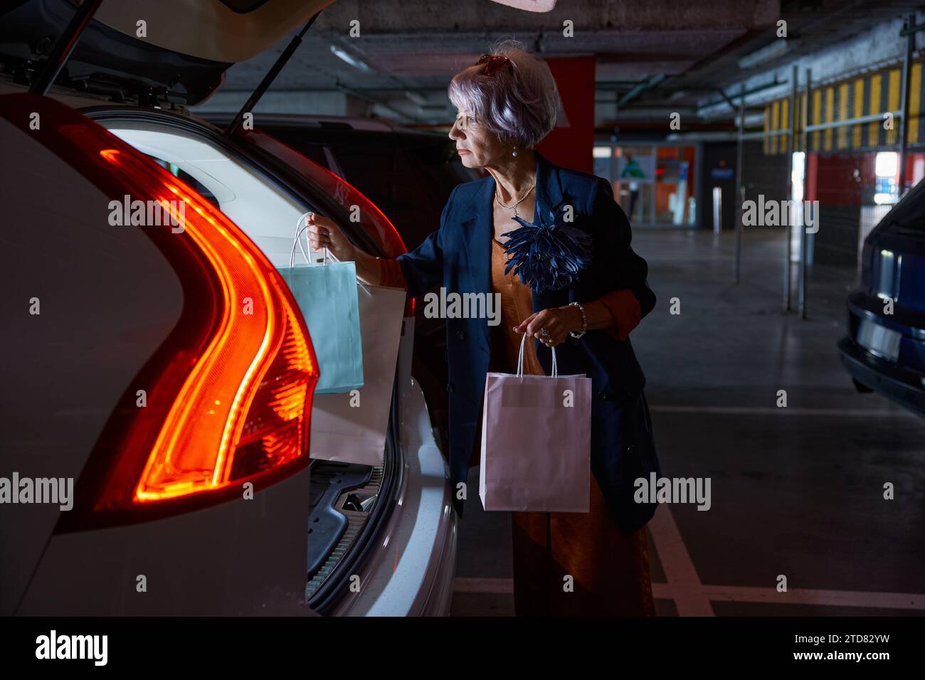 Happy satisfied elderly lady loading purchases into car trunk Stock ...