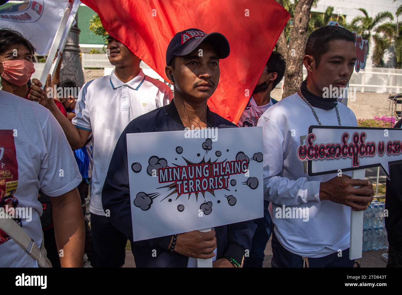 Bangkok, Thailand. 17th Dec, 2023. A protester holds a "Min Aung Hlaing ...