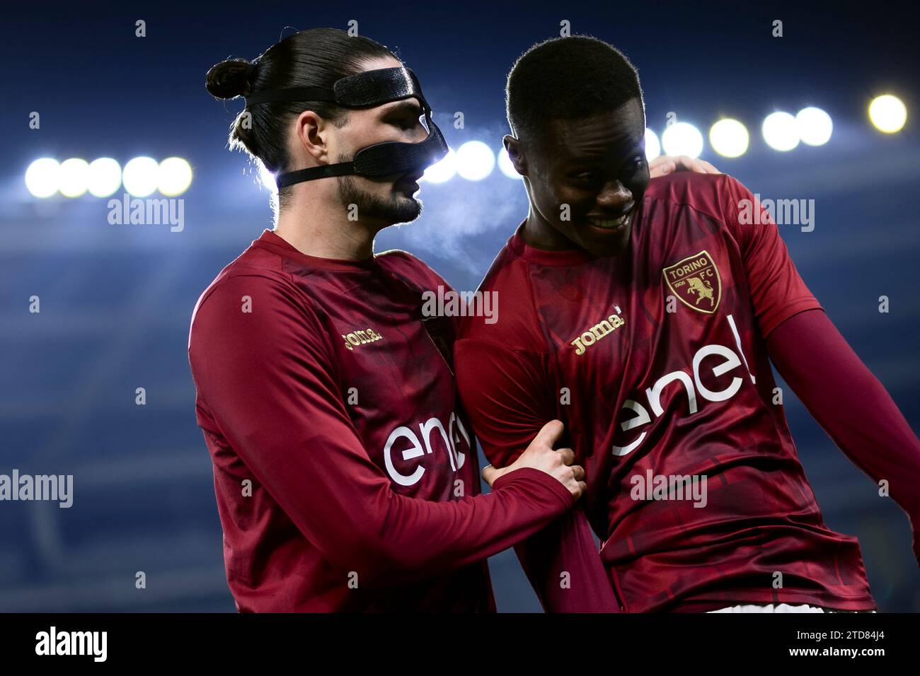 Turin, Italy. 16 December 2023. Saba Sazonov of Torino FC jokes with ...