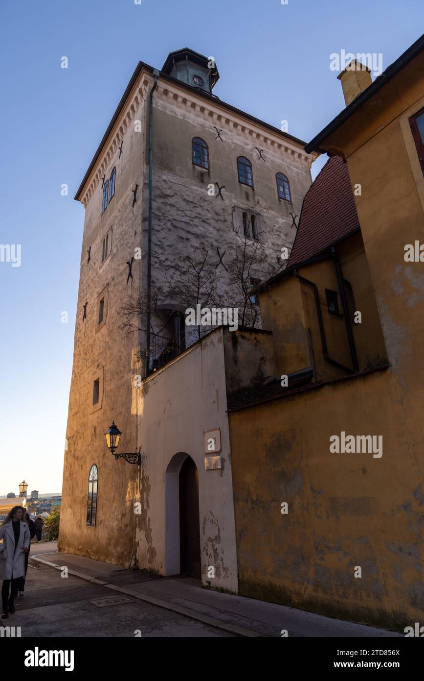 The 13th century Lotrščak Tower (Croatian: Kula Lotrščak) in Gradec, a ...