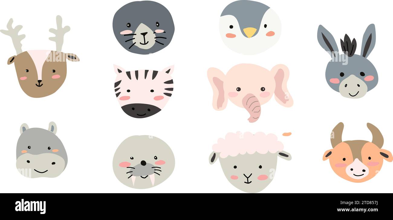 Cute domestic and wild animals heads or portraits including a cow, dog ...