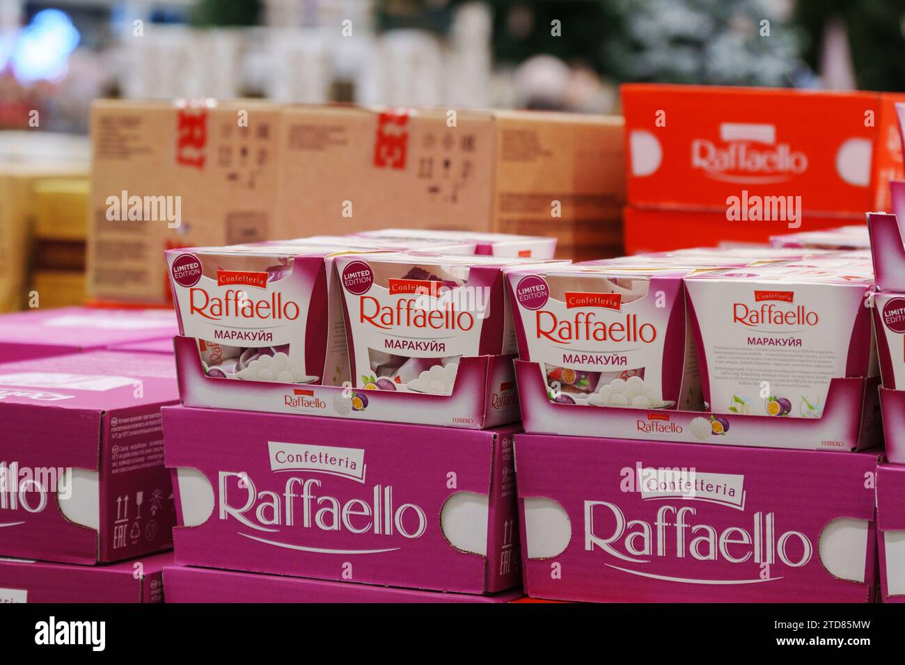 Tyumen, Russia-December 11, 2023: Raffaello is a spherical coconut ...