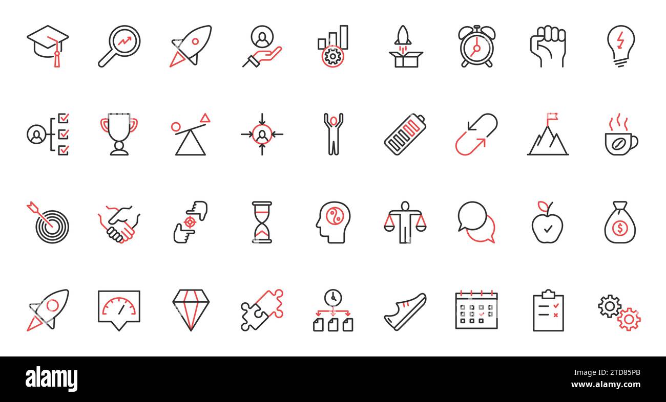 Vector illustration red black thin line icons set for productivity ...