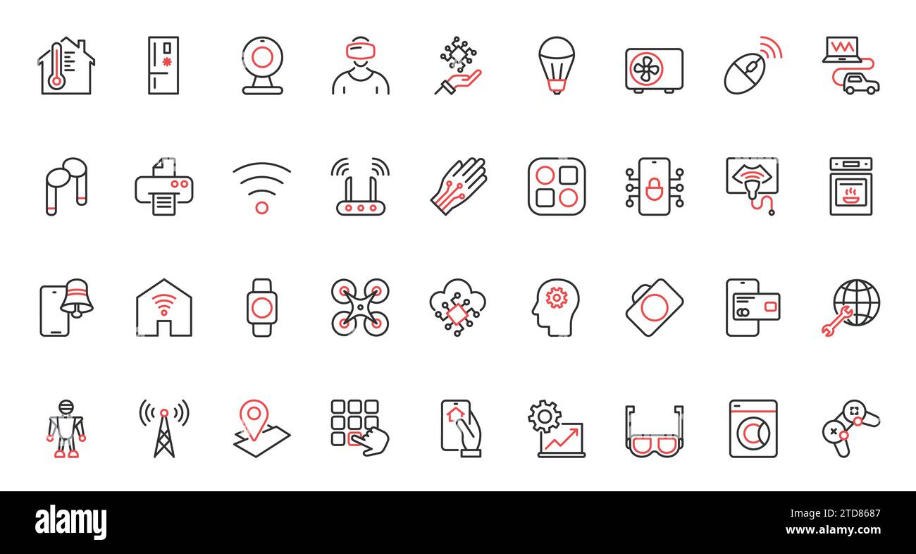 Vector illustration red black thin line icons set smart home technology ...