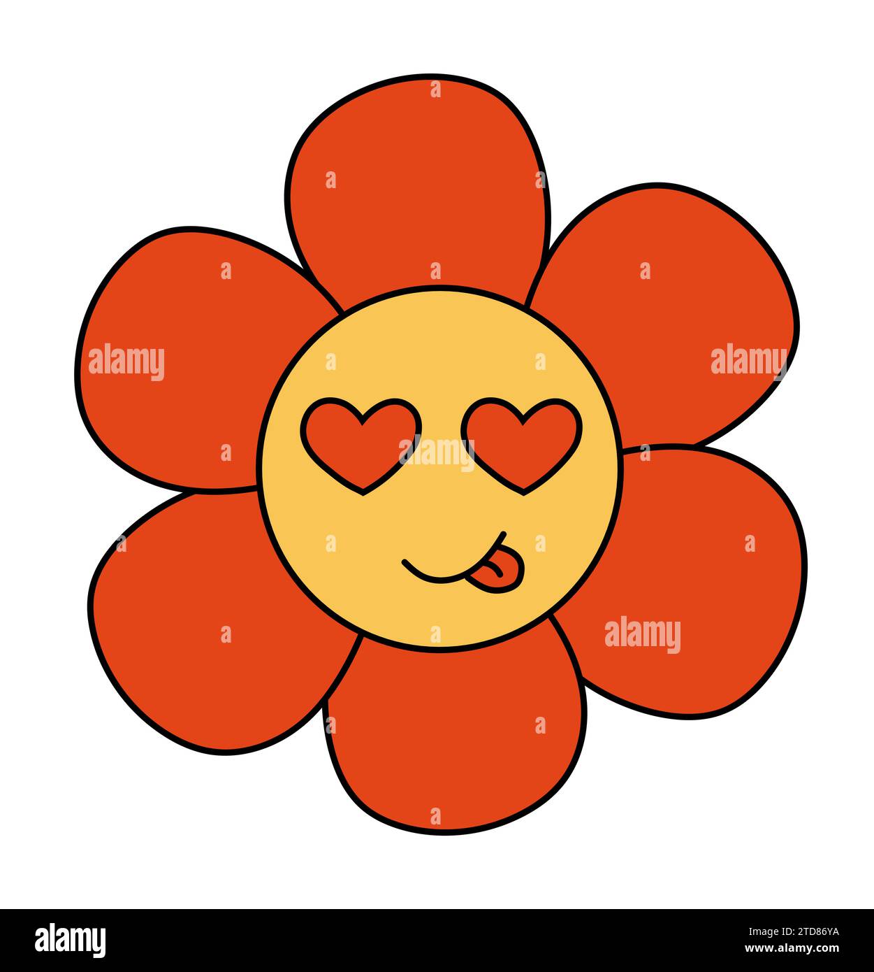 Retro 70s 60s 80s Hippie Groovy cute flower shows tongue. Eyes hearts ...