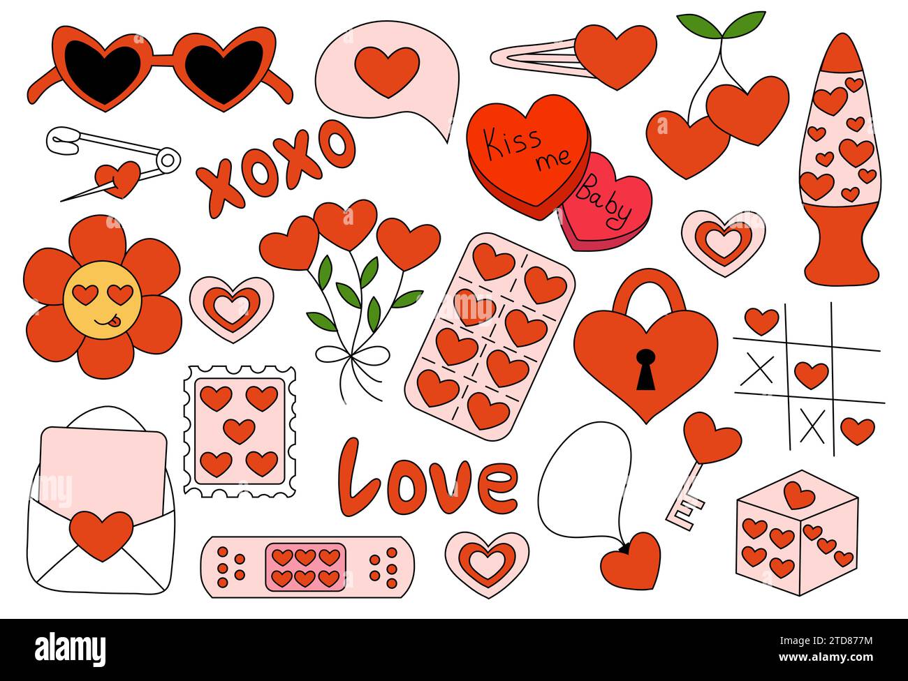 Valentine Day elements. Candy Heart, Envelope, Cherry, Retro Lamp ...