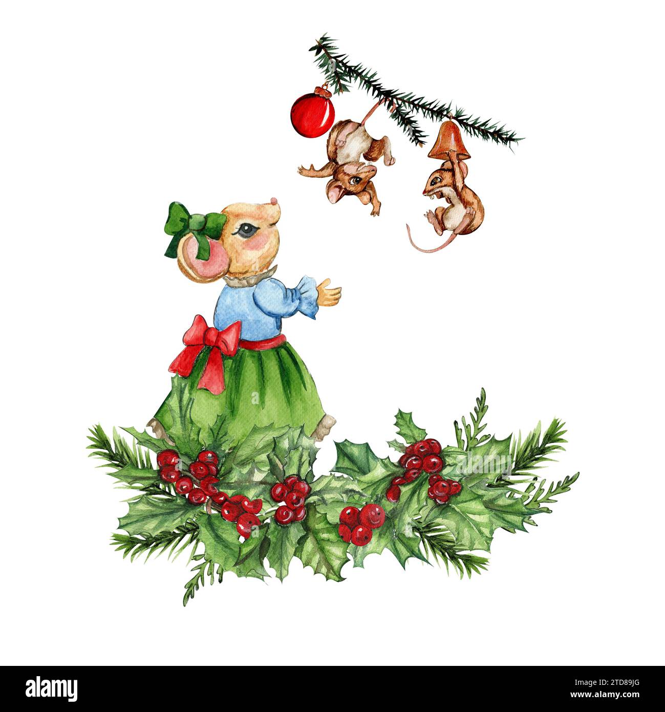 Watercolor Christmas mice in cartoon style composition. Watercolor ...