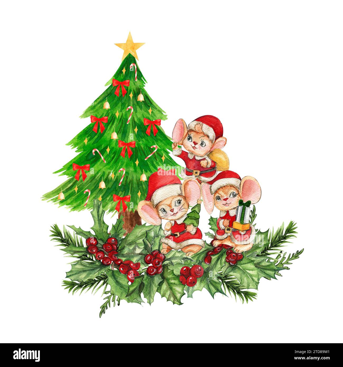 Watercolor Christmas mice in cartoon style composition. Watercolor ...