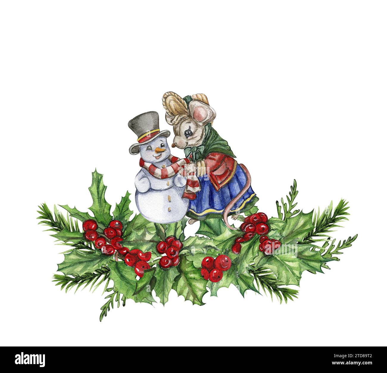 Watercolor Christmas mice in cartoon style composition. Watercolor ...