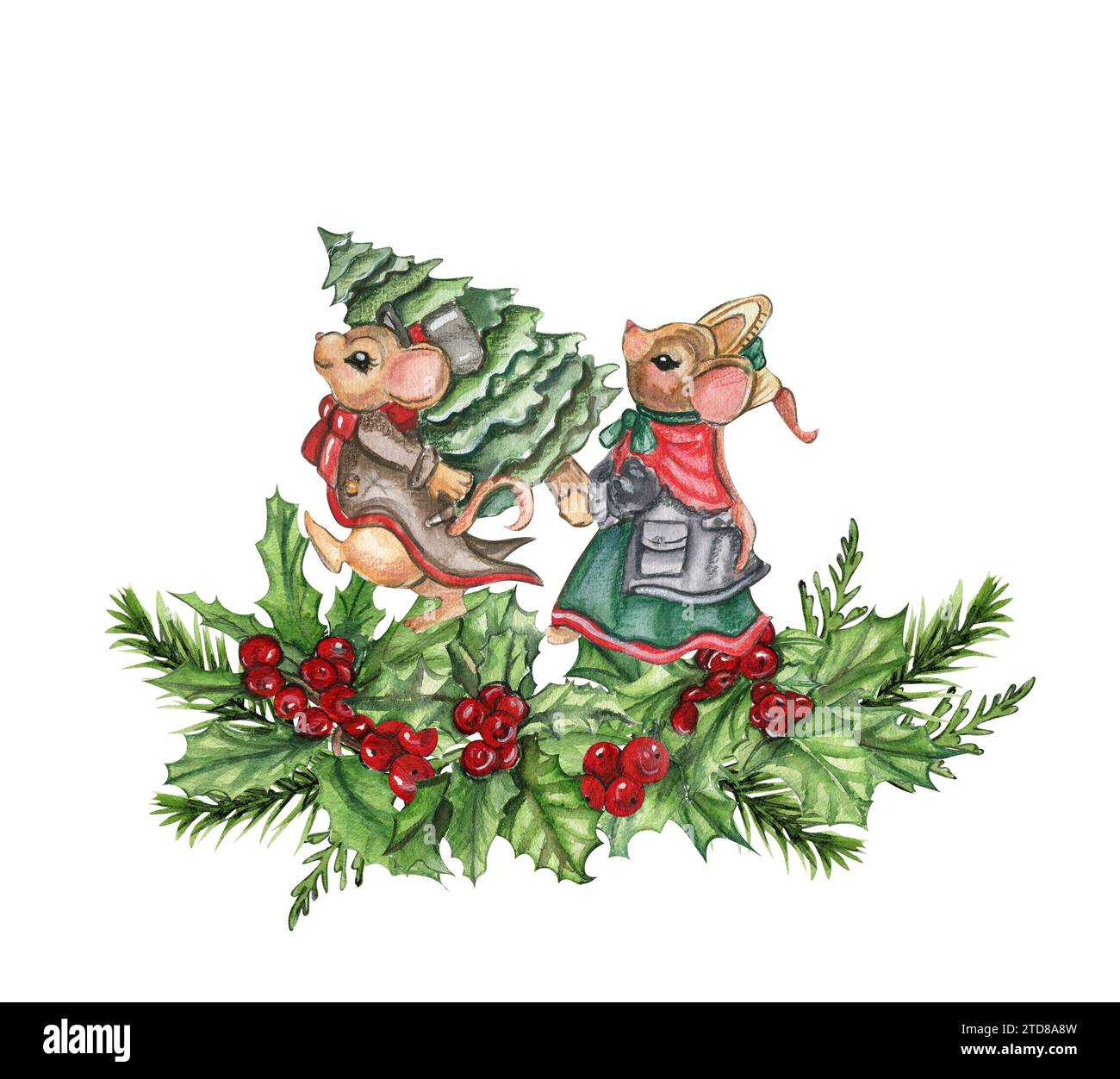 Watercolor Christmas mice in cartoon style composition. Watercolor ...