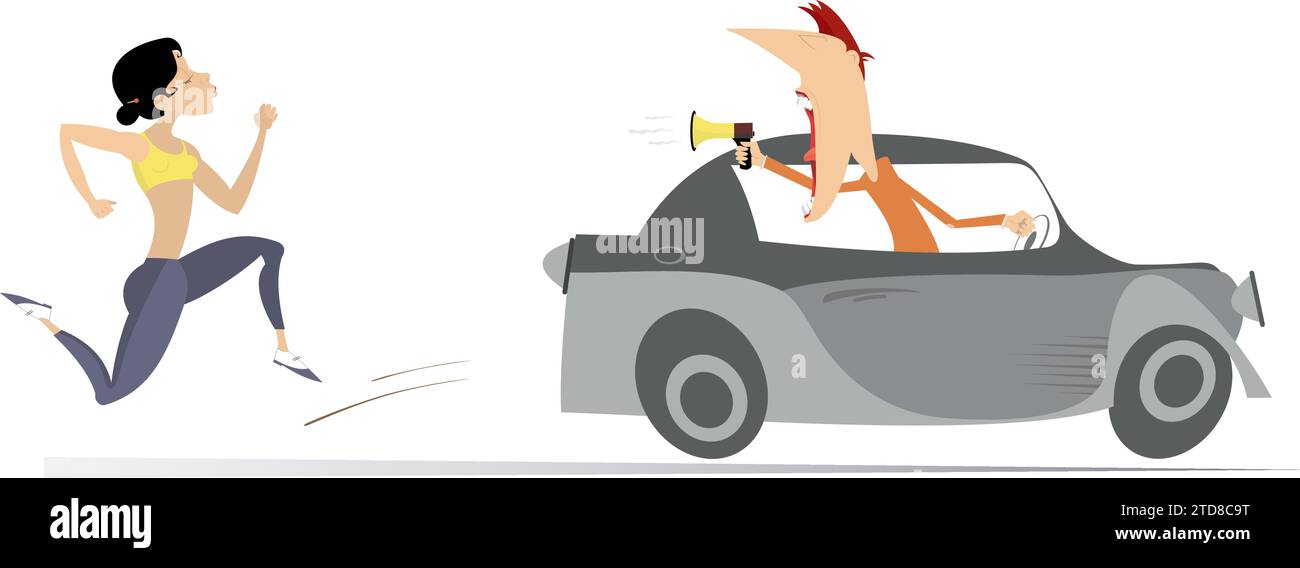 Trainer or supporter with megaphone rides on the car in front of the ...