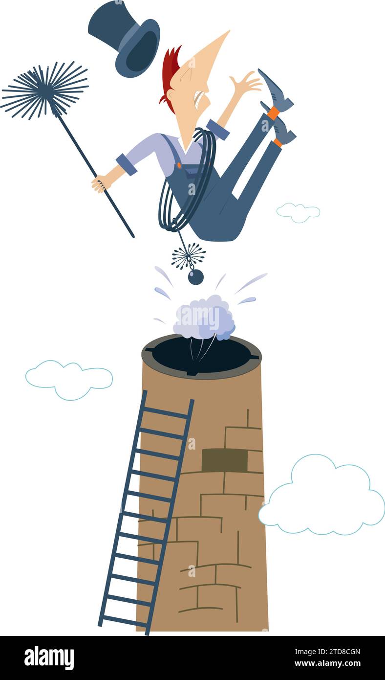 Cartoon chimney sweeper in the top hat with the rope and chimney brush ...