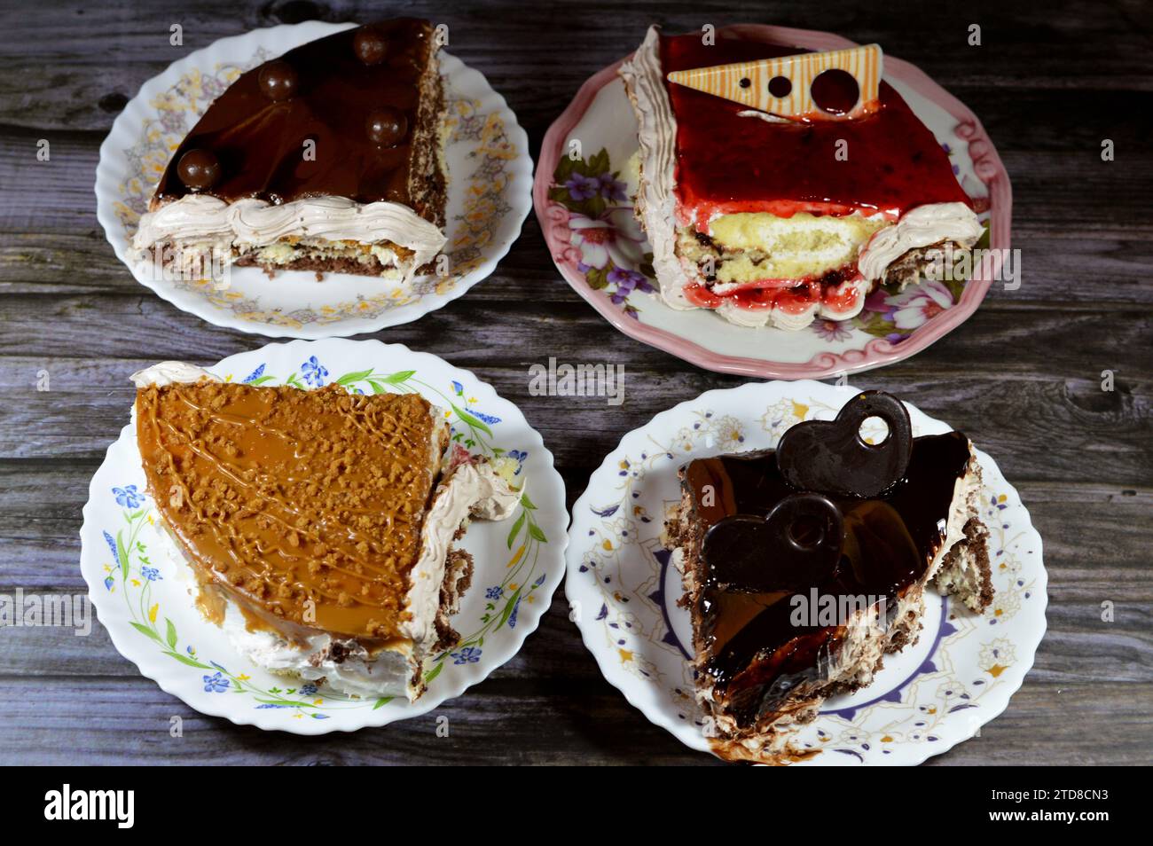 A birthday cake, four different quarters spongy creamy cake for ...