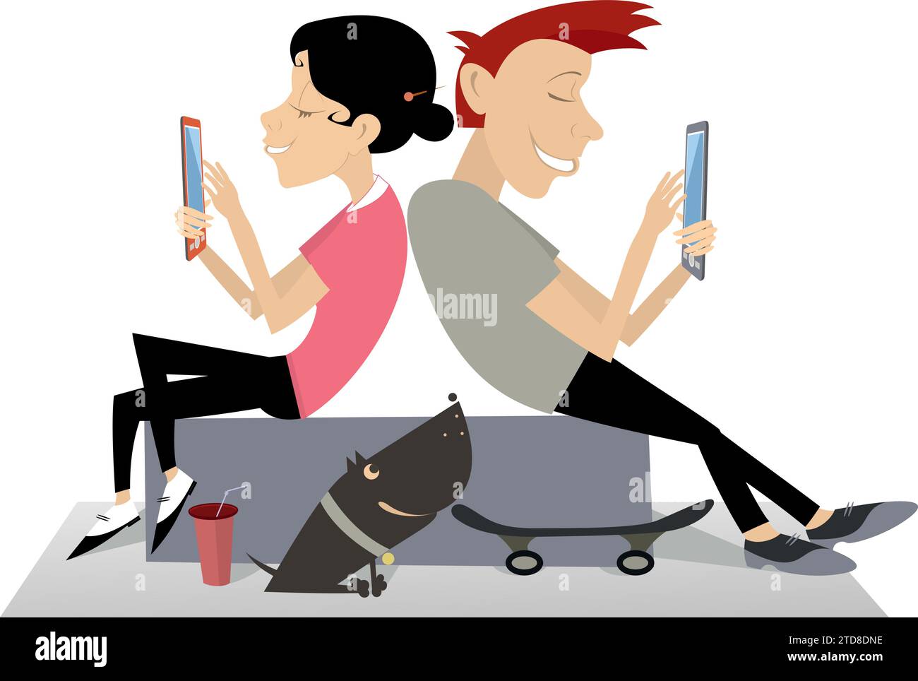 Young people sitting back to back and using smartphones. Modern life ...