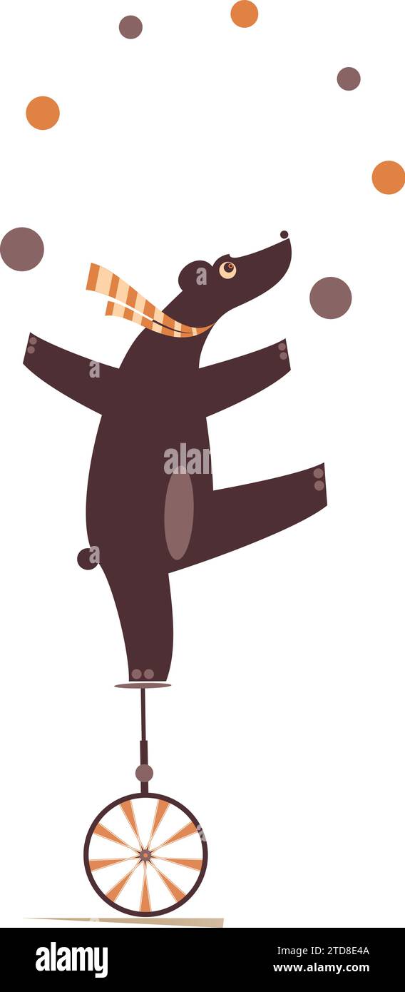 Funny bear balances on the unicycle. Cartoon bear balances on unicycle ...