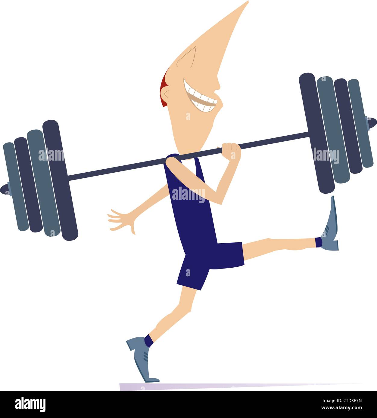 Cartoon man weightlifter illustration. Walking funny strong man holds a ...