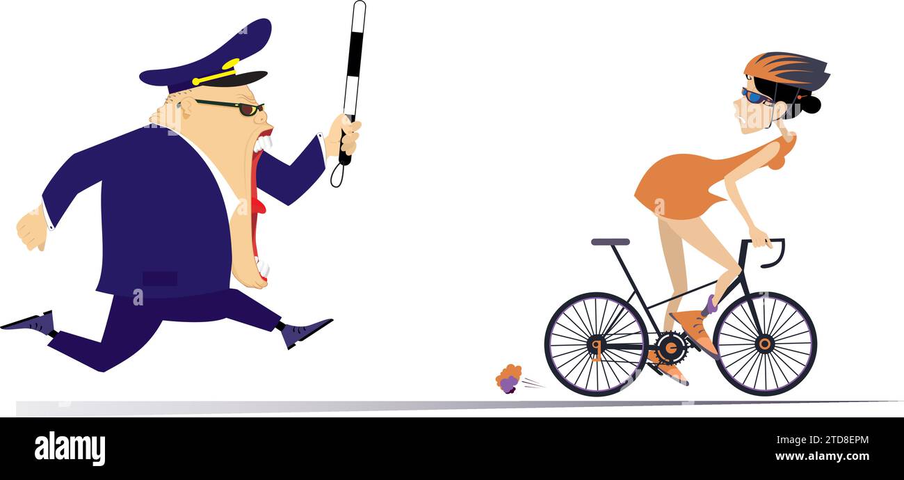 Angry traffic policeman running after cyclist woman. Frightened cycling ...