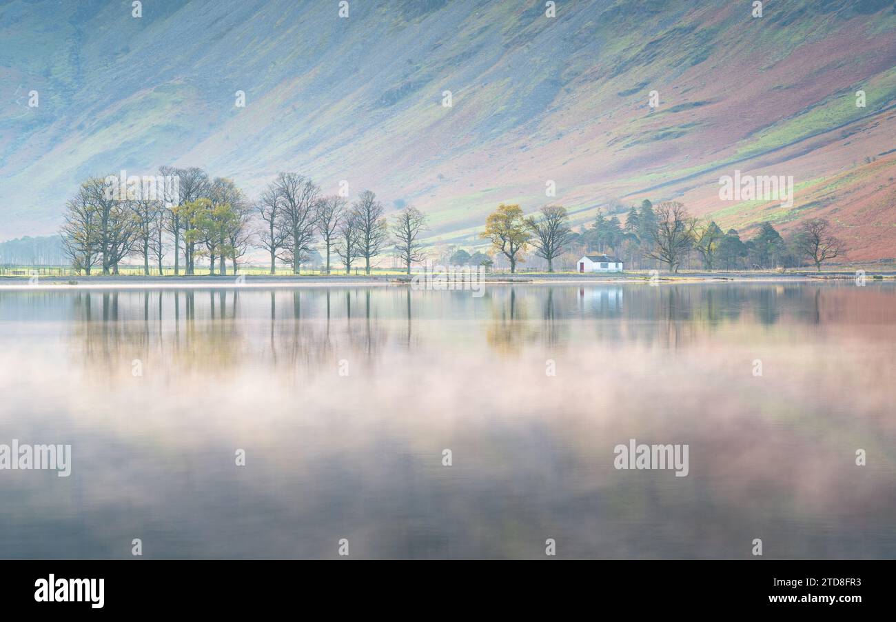 The iconic view across Buttermere towards the famous Char Hut on the ...