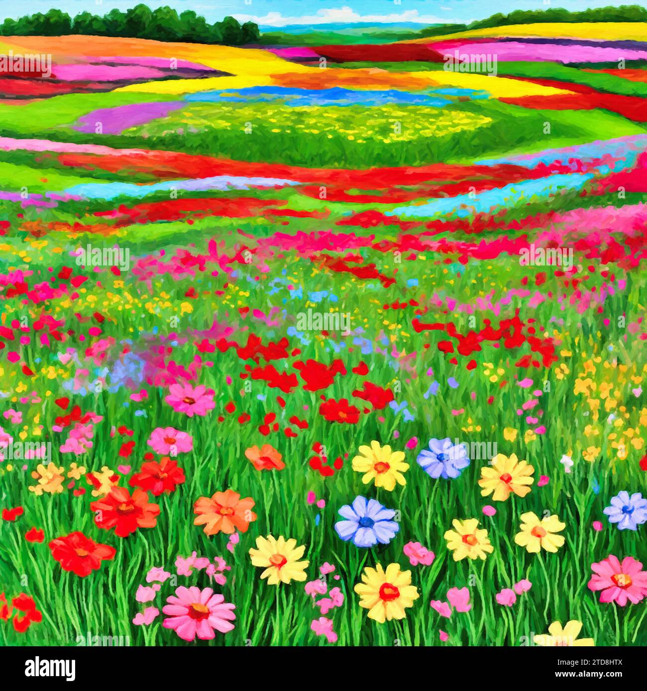 Fields of colorful flowers in spring (painting) Neo-Impressionism Stock ...