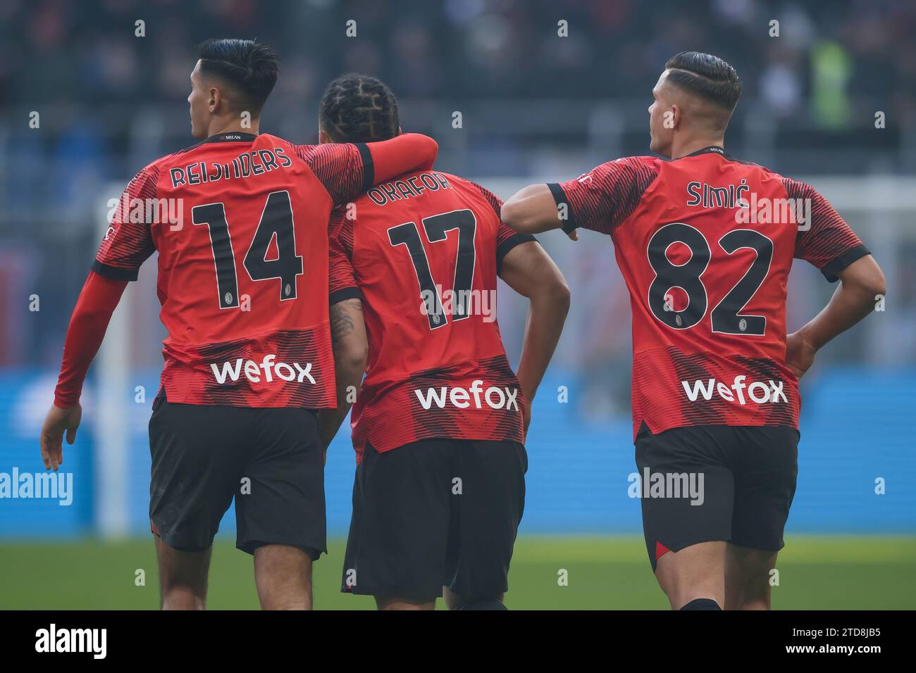 Milan, Italy. 17 December 2023. Noah Okafor of AC Milan celebrates with ...